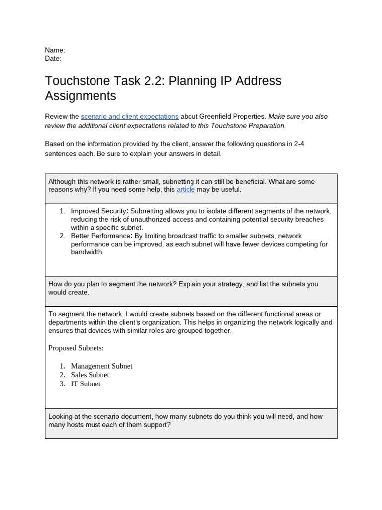 Touchstone Task 2.2 - Planning IP Address Assignments Questions | PDF