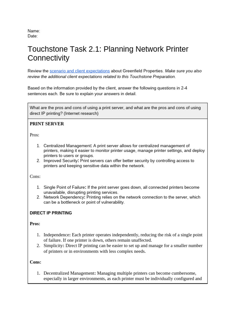 Touchstone Task 2.1_ Planning Network Printer Connectivity Questions | PDF Touchstone Task 2.1_ Planning Network Printer Connectivity Questions | PDF