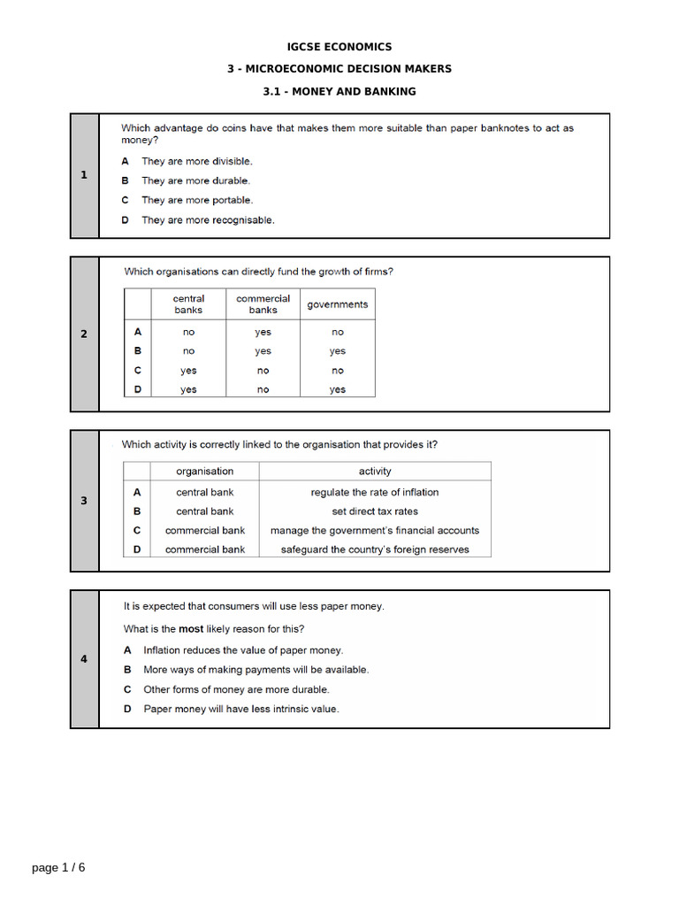 IGCSE Economics - 3.1 - Money and Banking | PDF