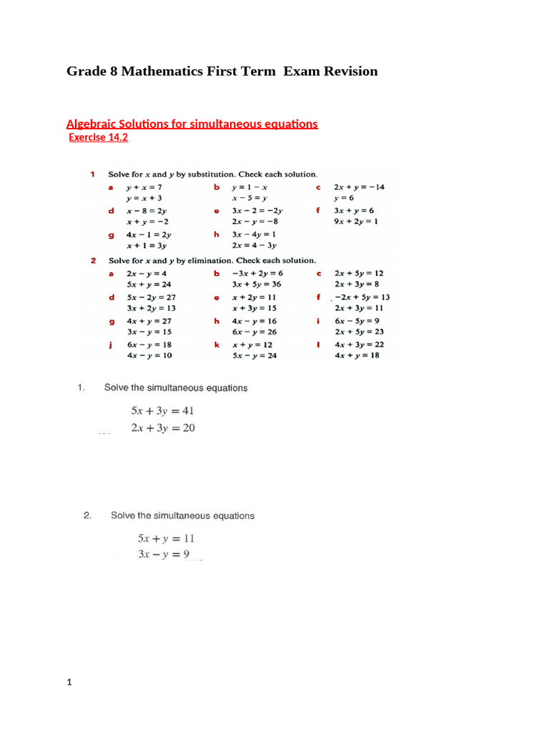 Grade 8 First Term Simultaneous Equations, Algebraic Fractions ...
