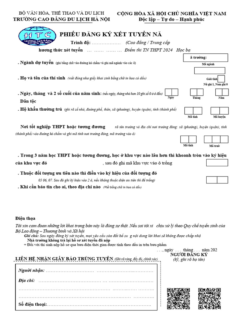 Mau Phieu Dang Ky Xet Tuyen 2024 | PDF