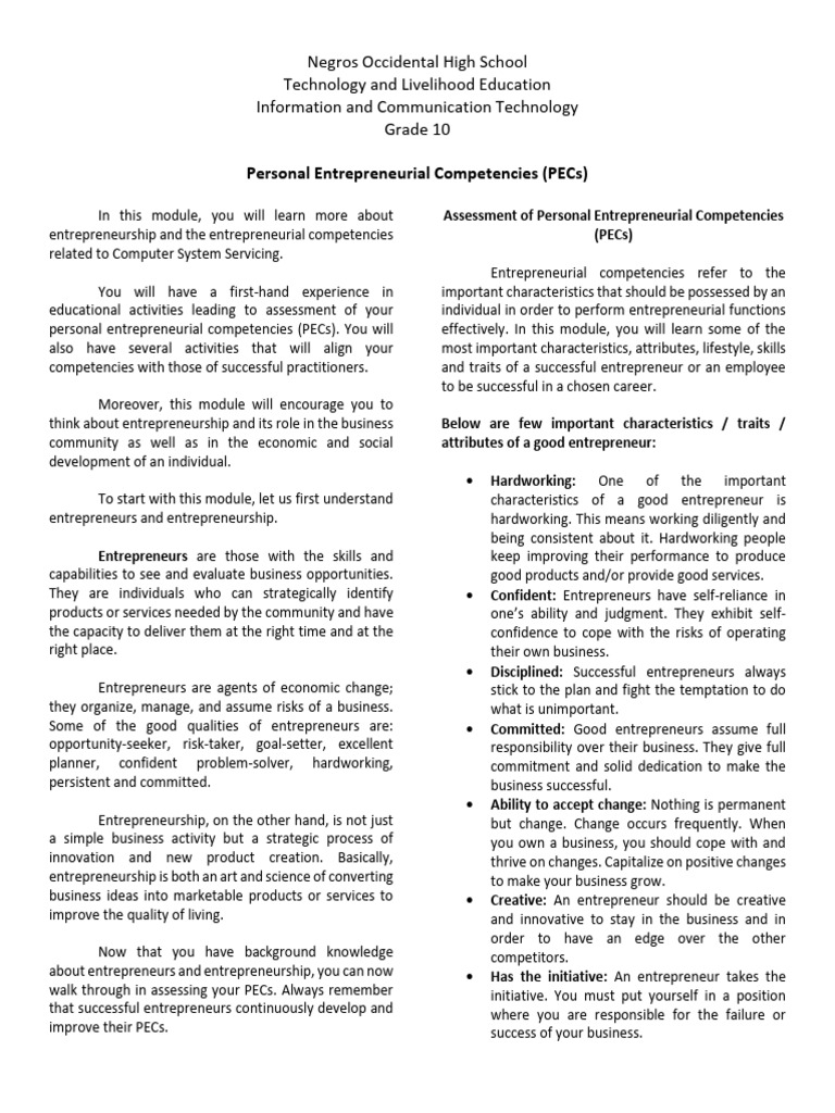 ICT 10 Q1 PECs Students | PDF | Entrepreneurship | Social Psychology