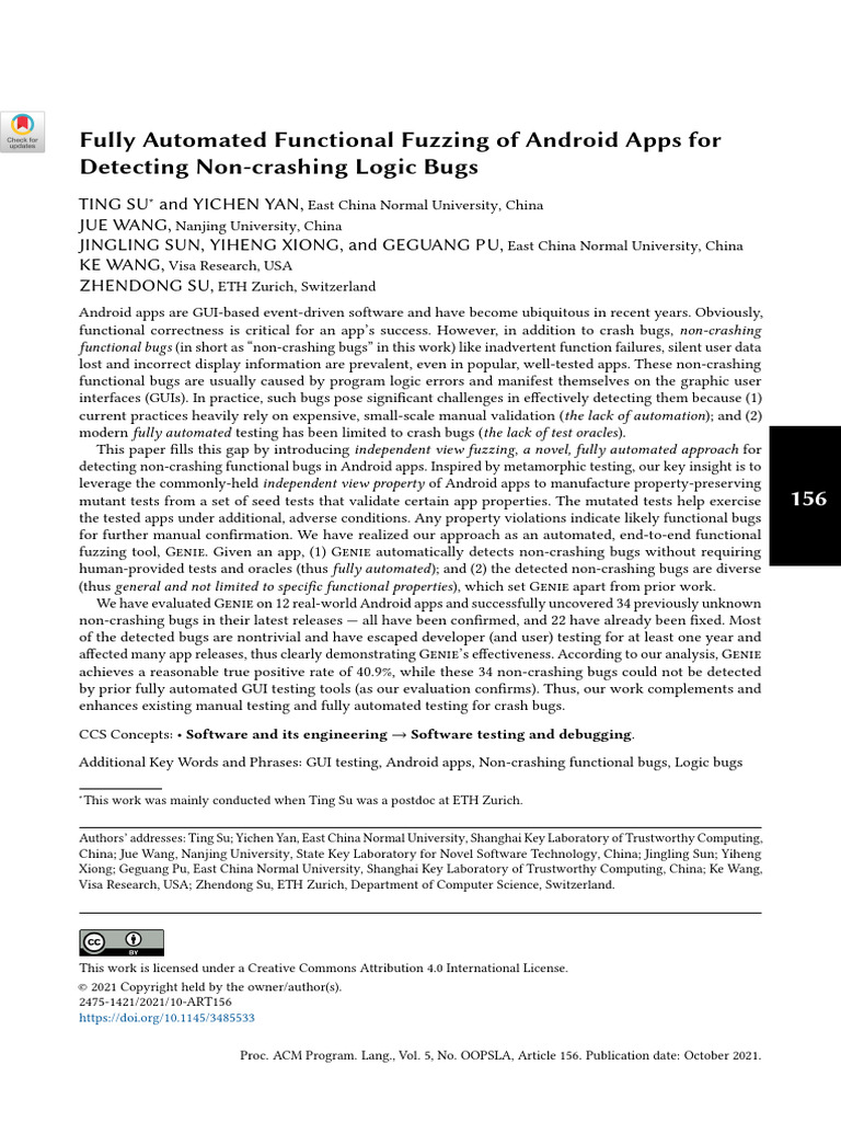 Fully Automated Functional Fuzzing of Android Apps For Detecting Non-Crashing Logic Bugs | PDF