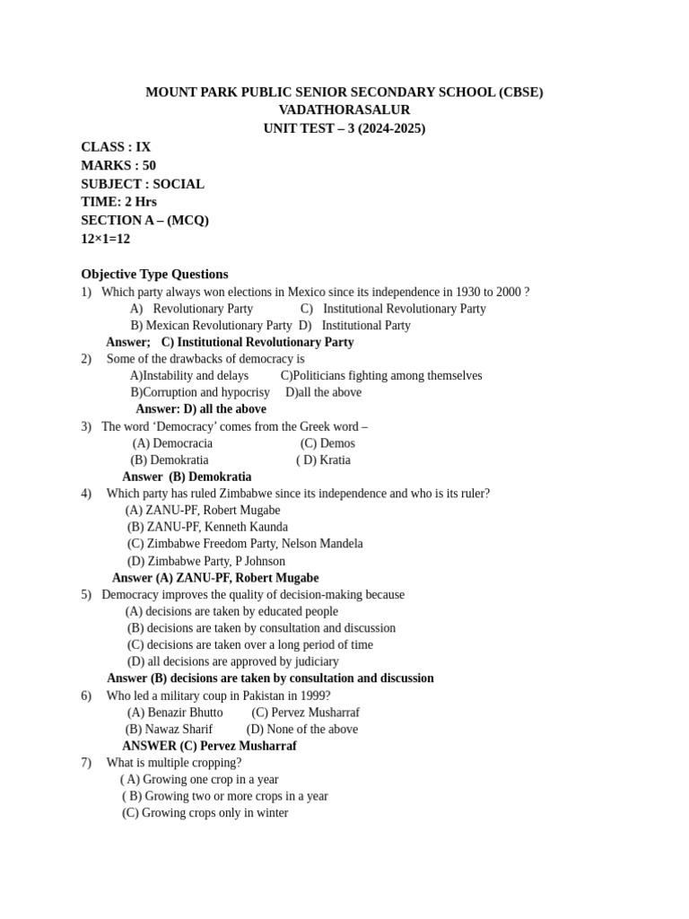 Unit 3 Sample Question Paper 9 Class | PDF