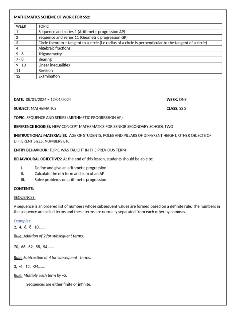 Mathematics Scheme of Work For Ss2 2nd Term Lesson Note-1 | PDF