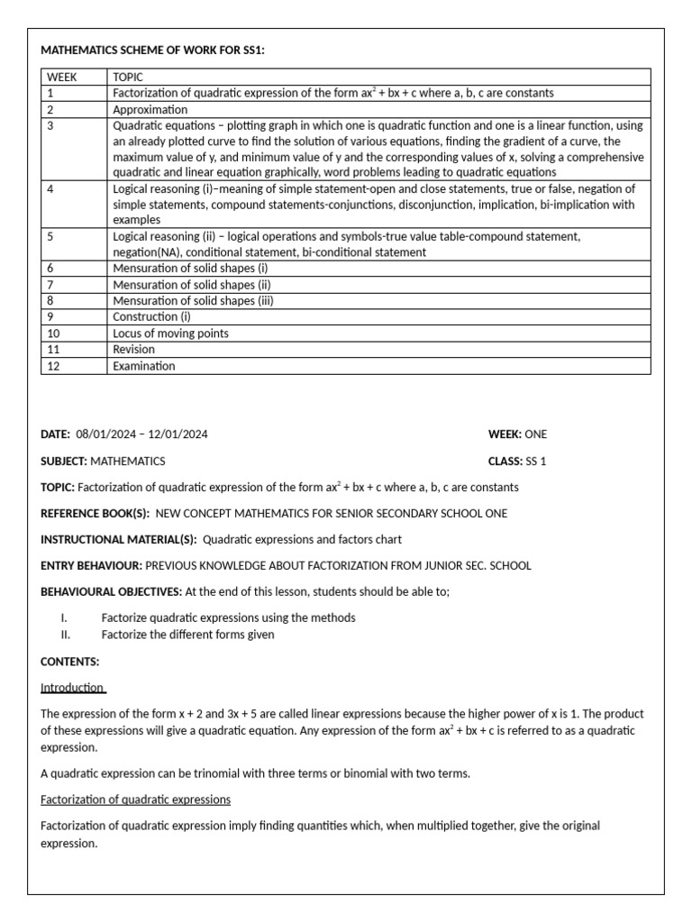 MATHEMATICS SCHEME OF WORK FOR SS1 2nd Term Lesson Note | PDF | Area ...
