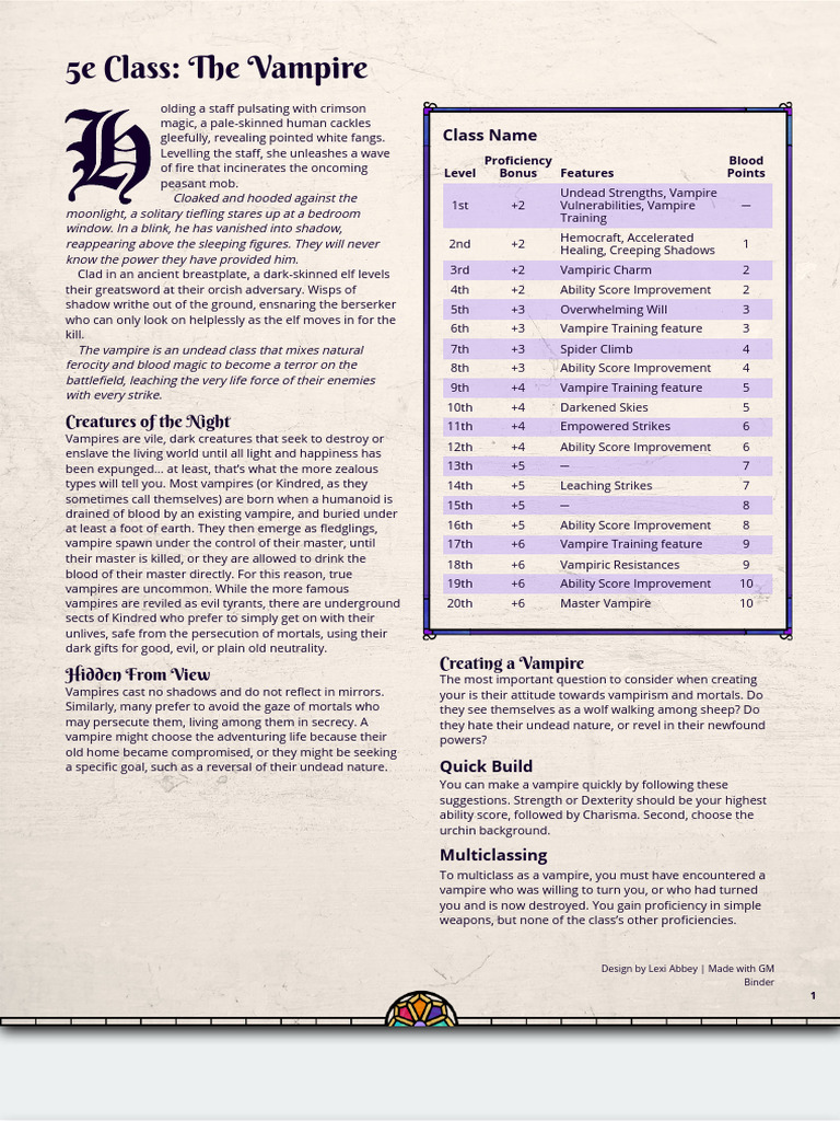 Part 1 Class - The Vampire - GM Binder | PDF