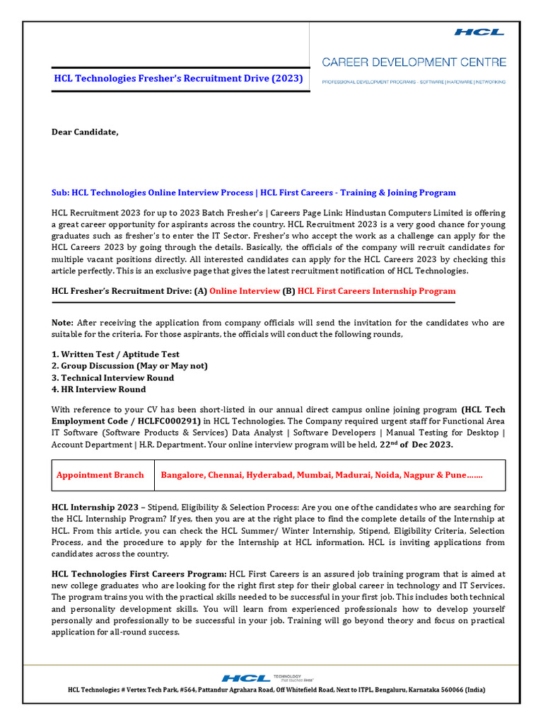 HCL Tech Online Joining Process Letter & Online Internship Program | PDF