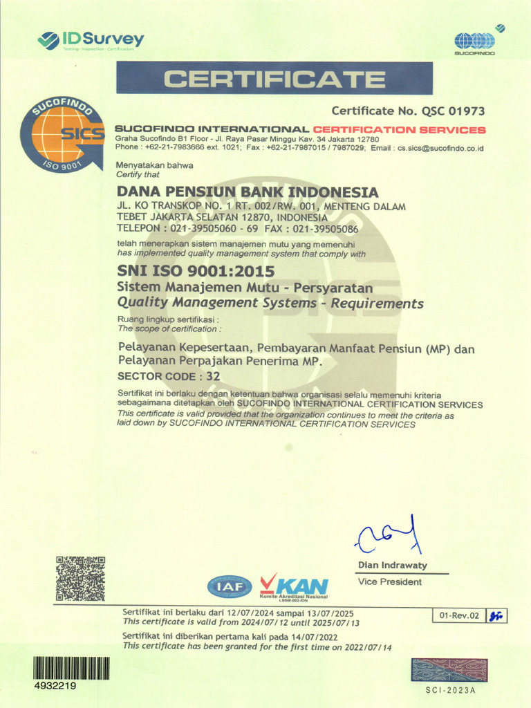 QSC 01973 - Penambahan Ruang Lingkup TH 2024 - ISO Certificate | PDF