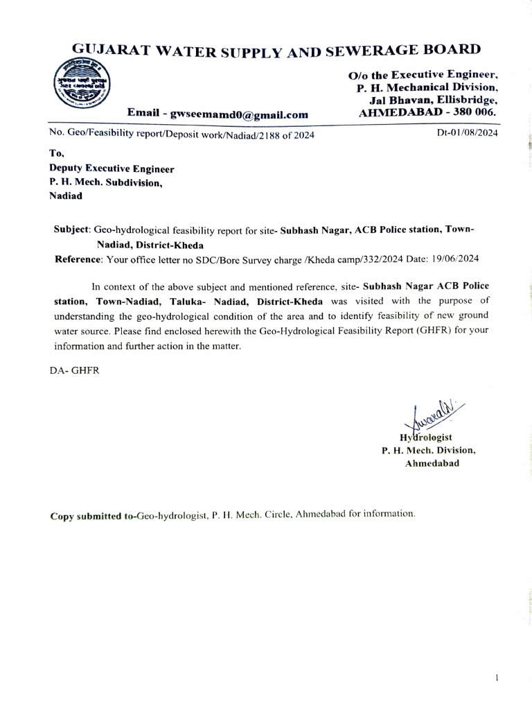 Gujarat Water Supply and Sewerage Board: Geo/Feasibility Report/deposit ...