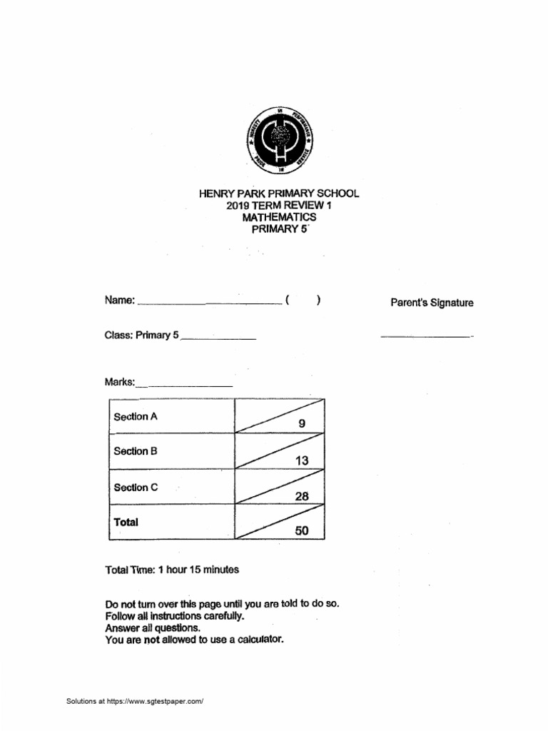P5 Maths CA1 2019 Henry Park Exam Papers | PDF