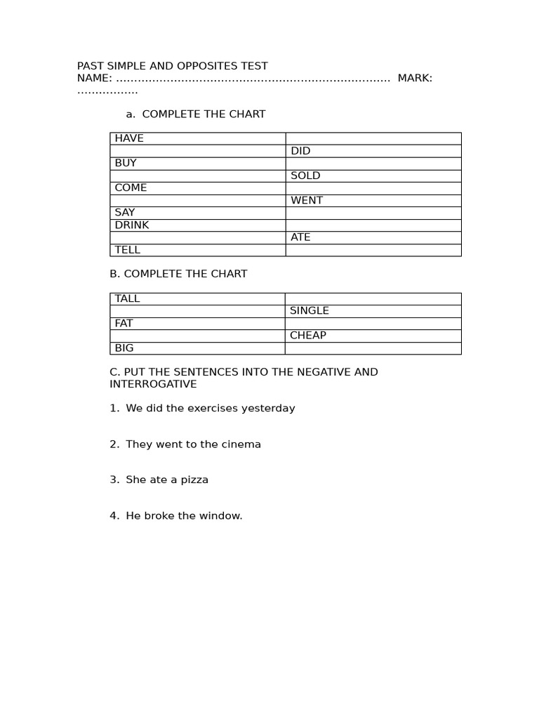 Past Simple and Opposites Test | PDF