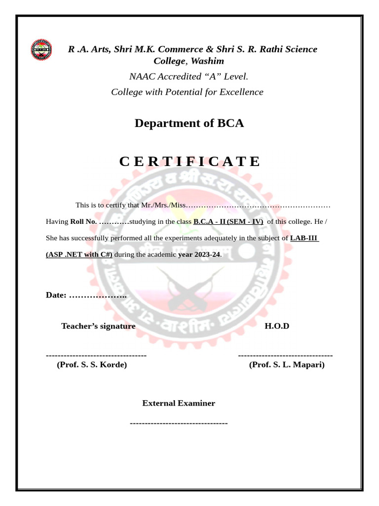 Certificate BCA-II Sem-I LAB-I, II, III | PDF