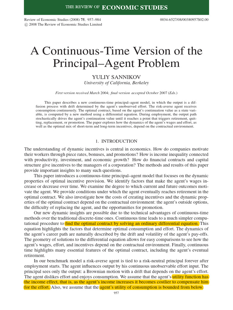 A Continuous-Time Version of The Principal-Agent Problem | PDF | Incentive | Risk Aversion