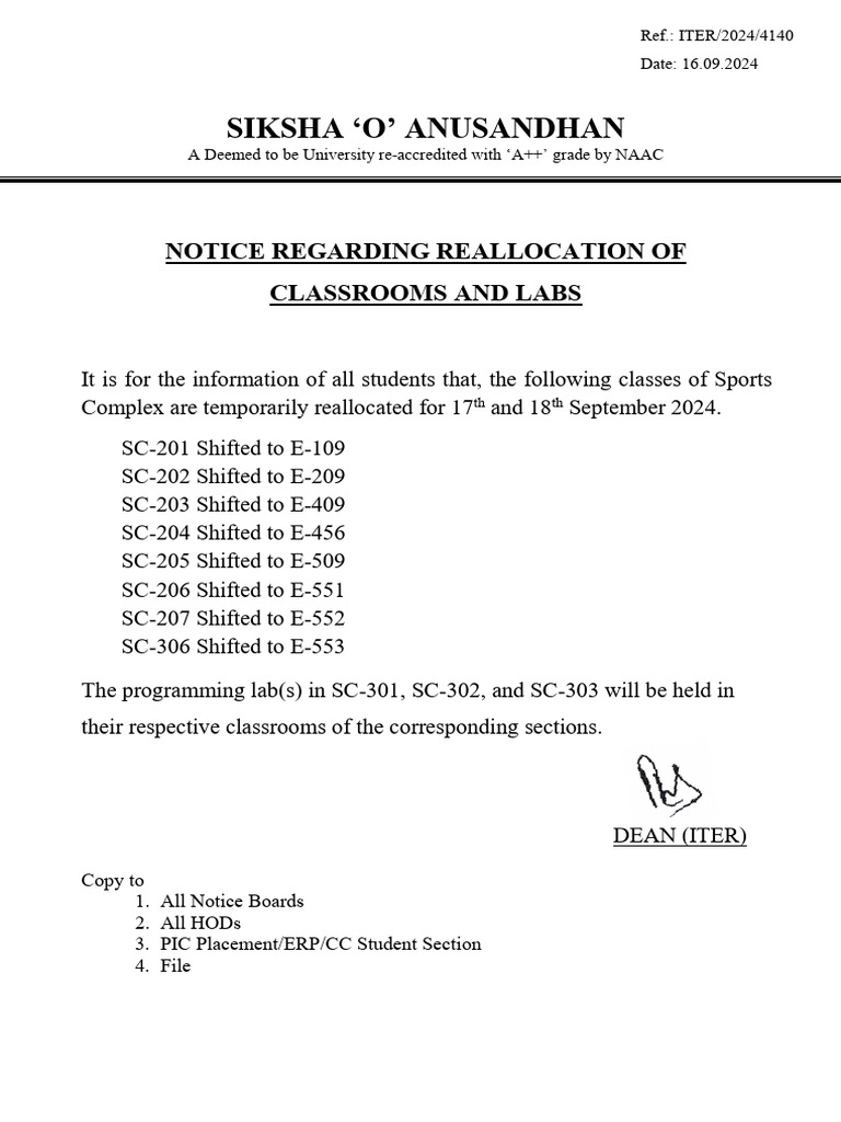 Notice of Class Room Shift | PDF