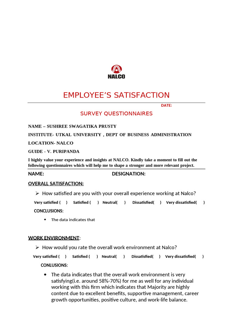 EMPLOYEE SATISFACTION QUESTIONNAIRE | PDF