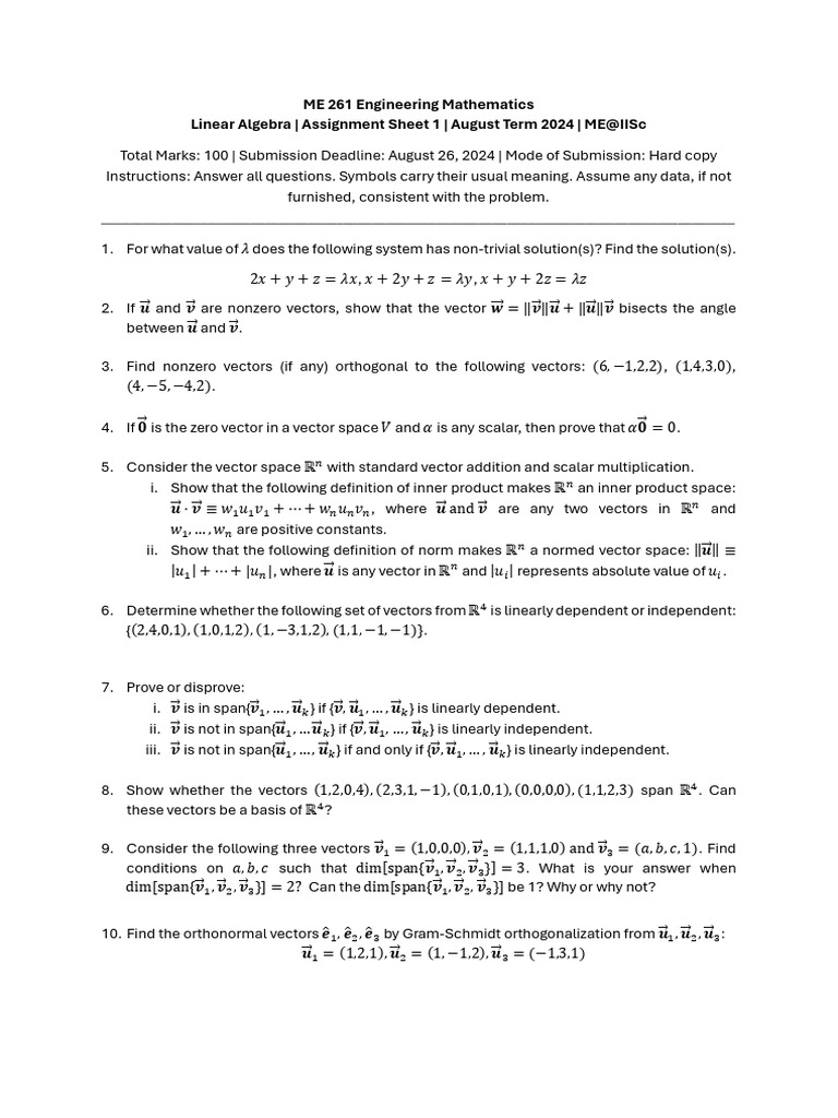 Linear Algebra Assignment 1 | PDF | Vector Space | Linear Algebra