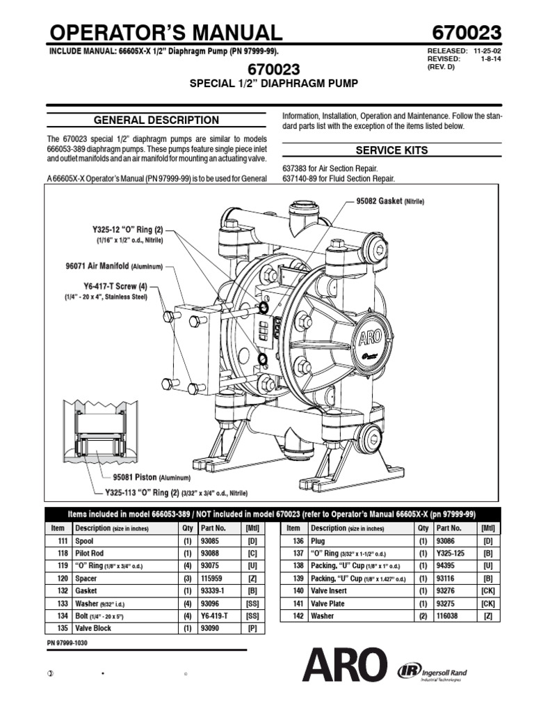 ARO Air Operated Diaphragm Special Pump 670023 Manual | PDF