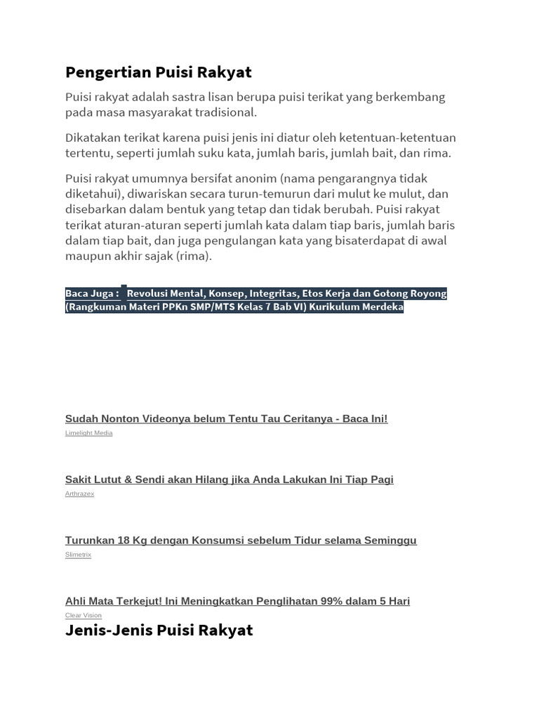 Pengertian Puisi Rakyat | PDF