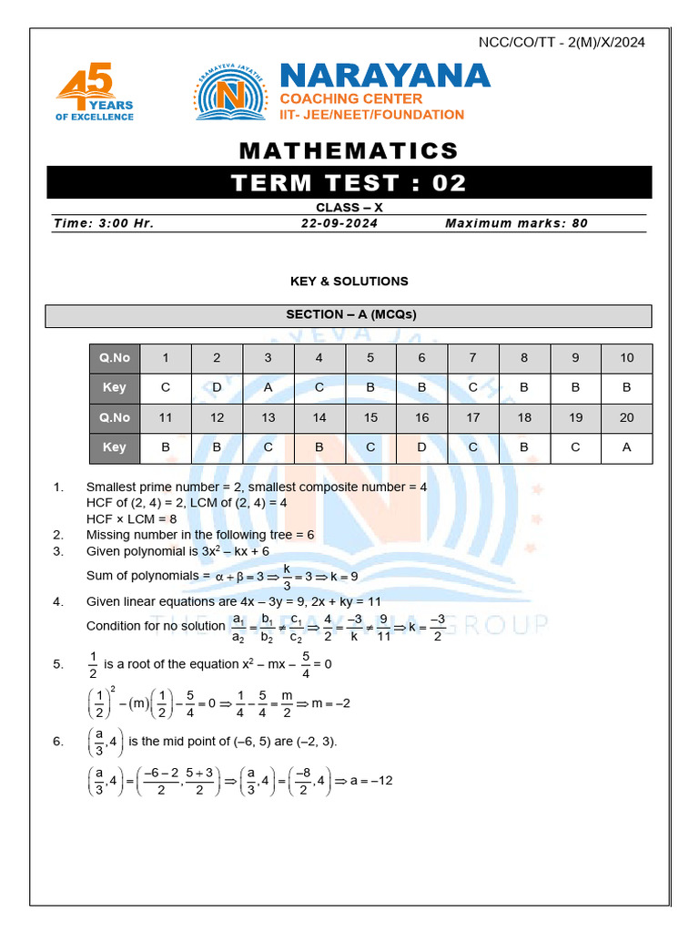 02 - TERM TEST - 2 - MATHEMATICS - CLASS - X - Date - 22-09-2024 - KEY ...