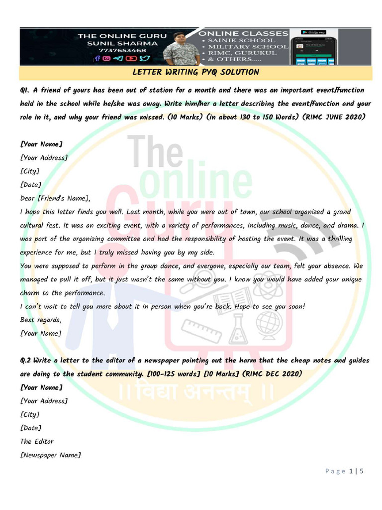 Letter Writing RIMC HW 7737653468 | PDF