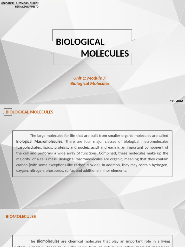 BIOLOGICAL MOLECULES PPT Unit 1 Module 7 | PDF