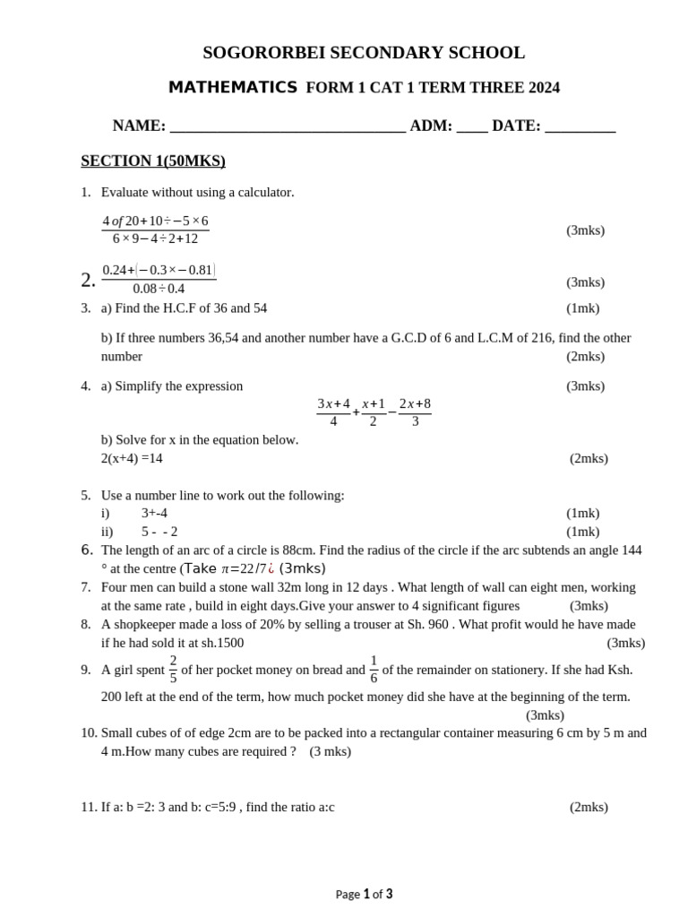 Maths QS F1 Term 3 Exam 2021 | PDF