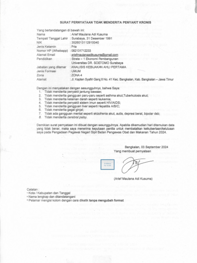 Surat Pernyataan Tidak Menderita Penyakit Kronis Fix Pdf