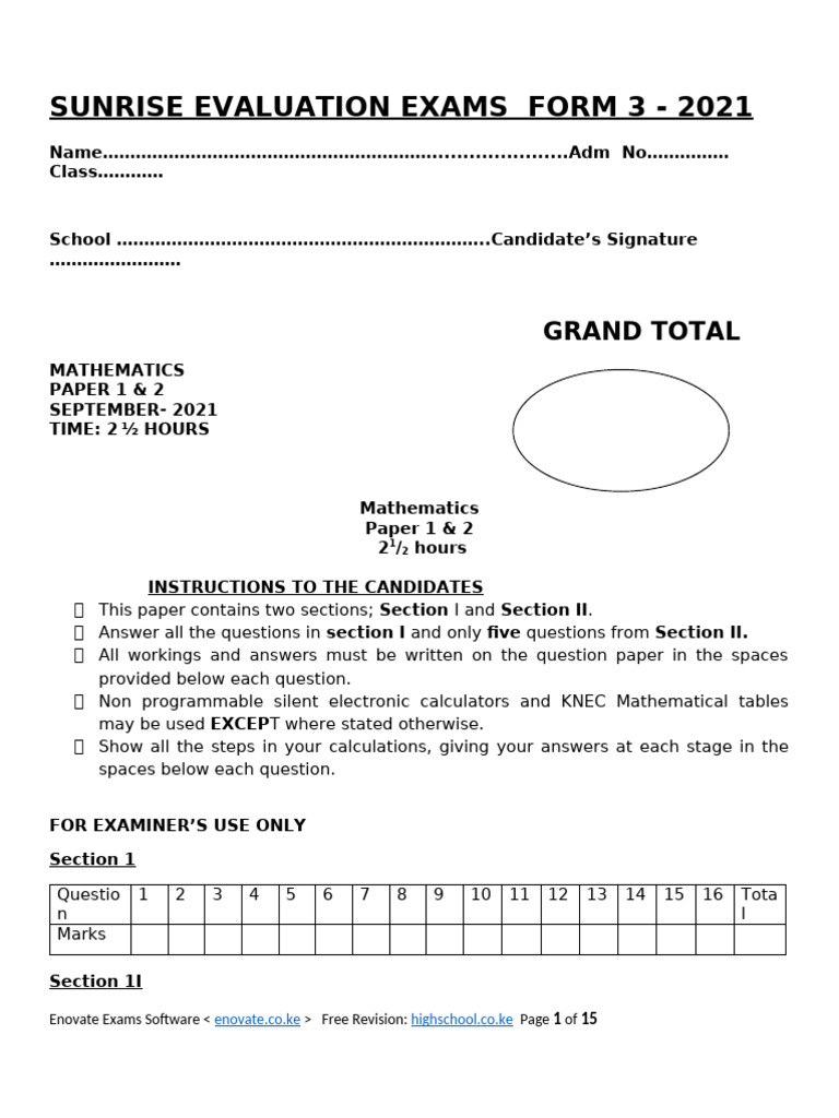 121 MATHEMATICS Form 3 End Term 1 Exam Questions | PDF | Area