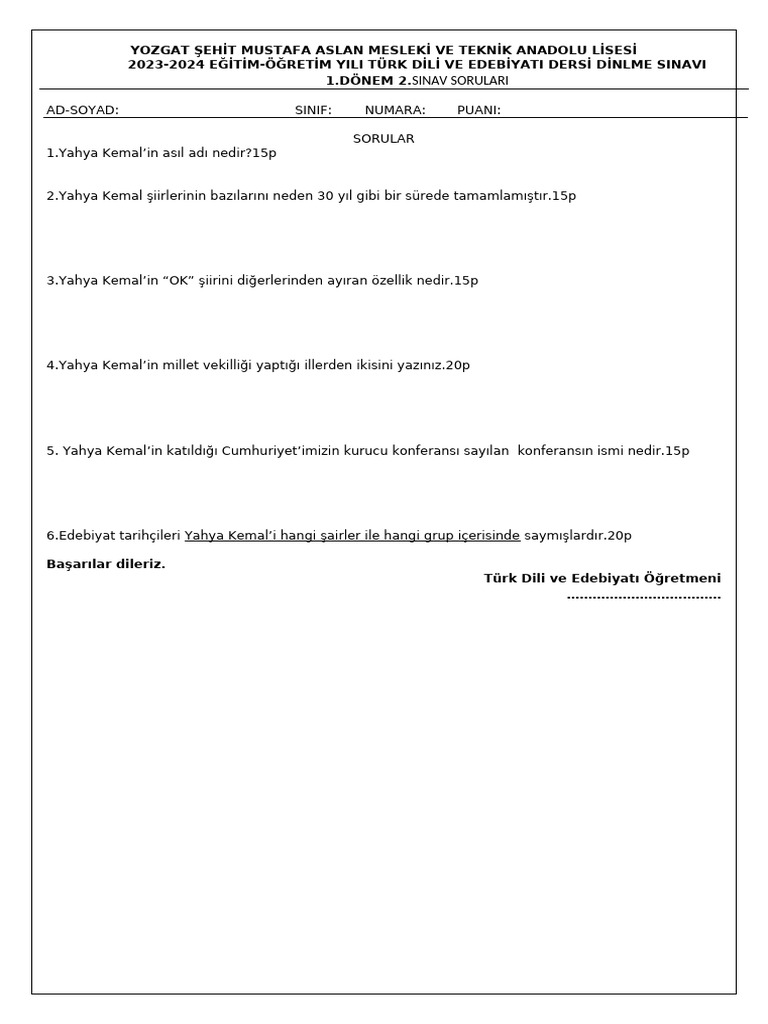 T RK Dili Ve Edebiyat 1. de Nem 2 - Dinlme S Nav Sorular | PDF