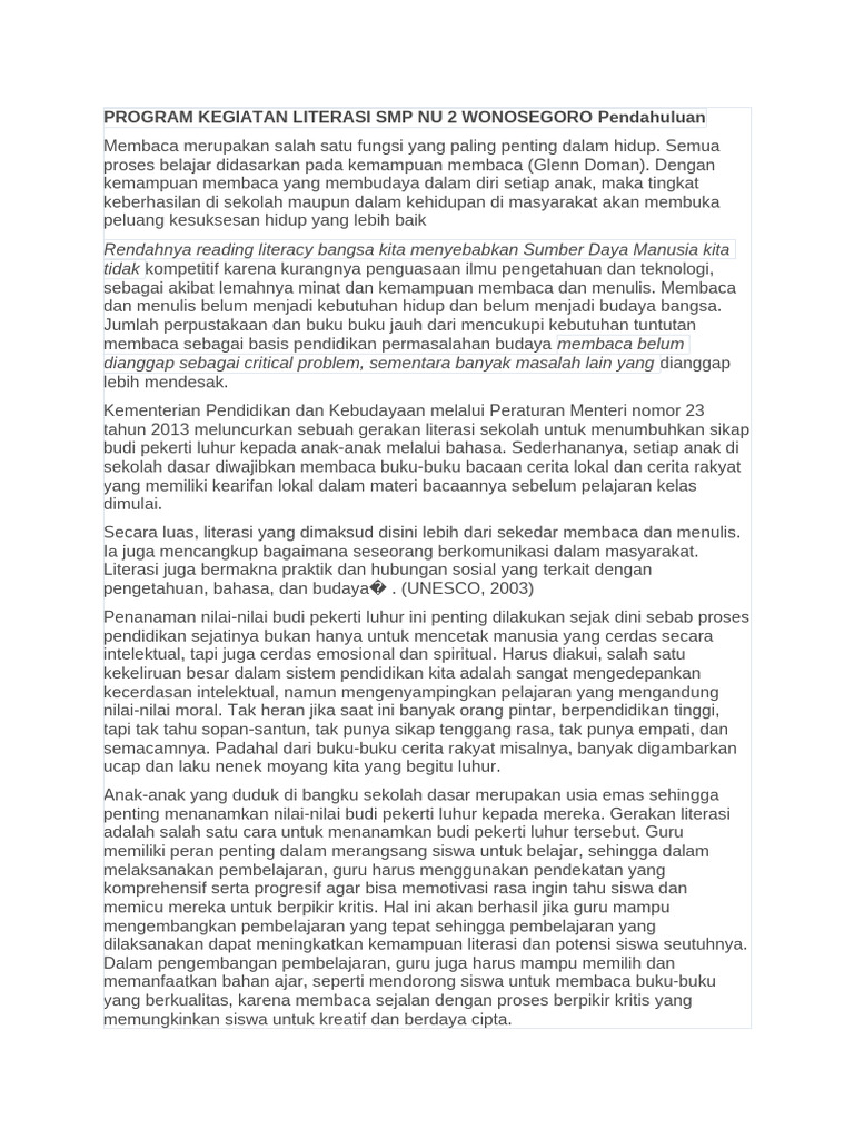 Program Kegiatan Literasi SMP Nu 2 Wonosegoro | PDF