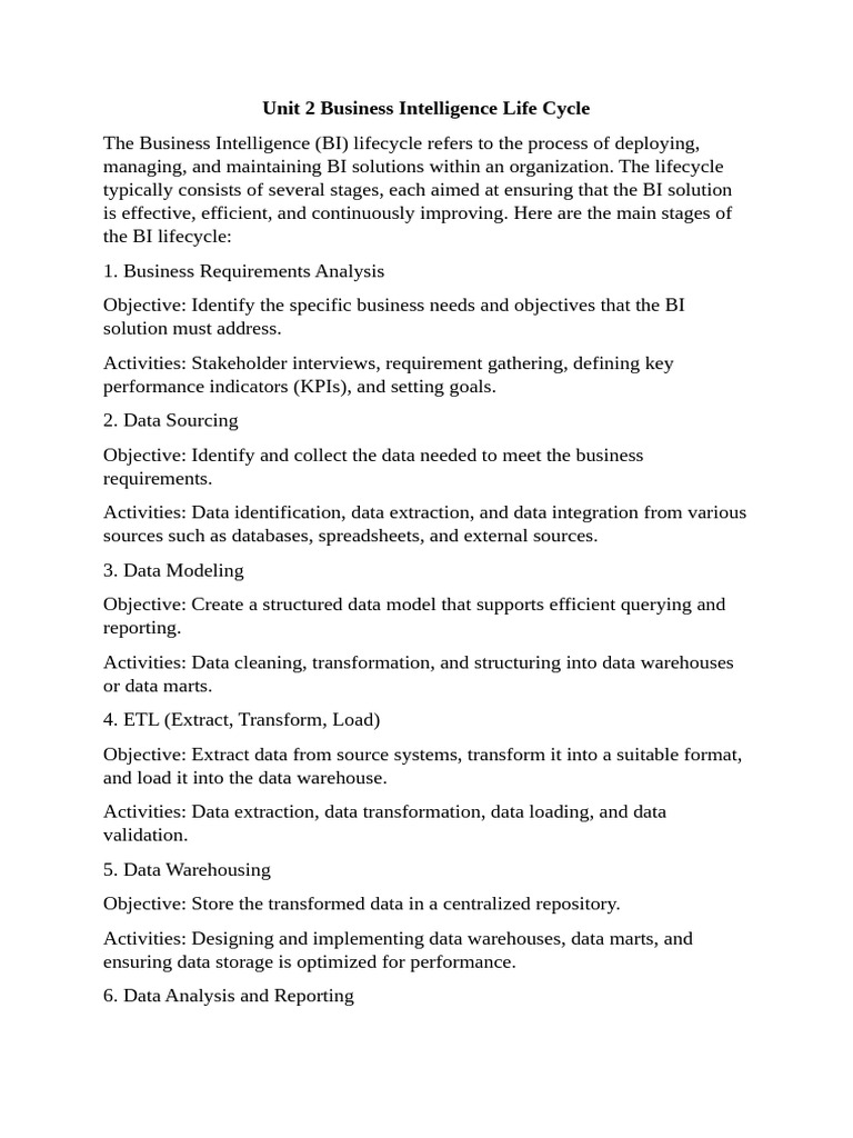 Unit 2 -Business Intelligence Life Cycle | PDF