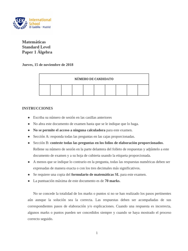 Matemáticas Standard Level Paper 1 Álgebra: Jueves, 15 de Noviembre de ...