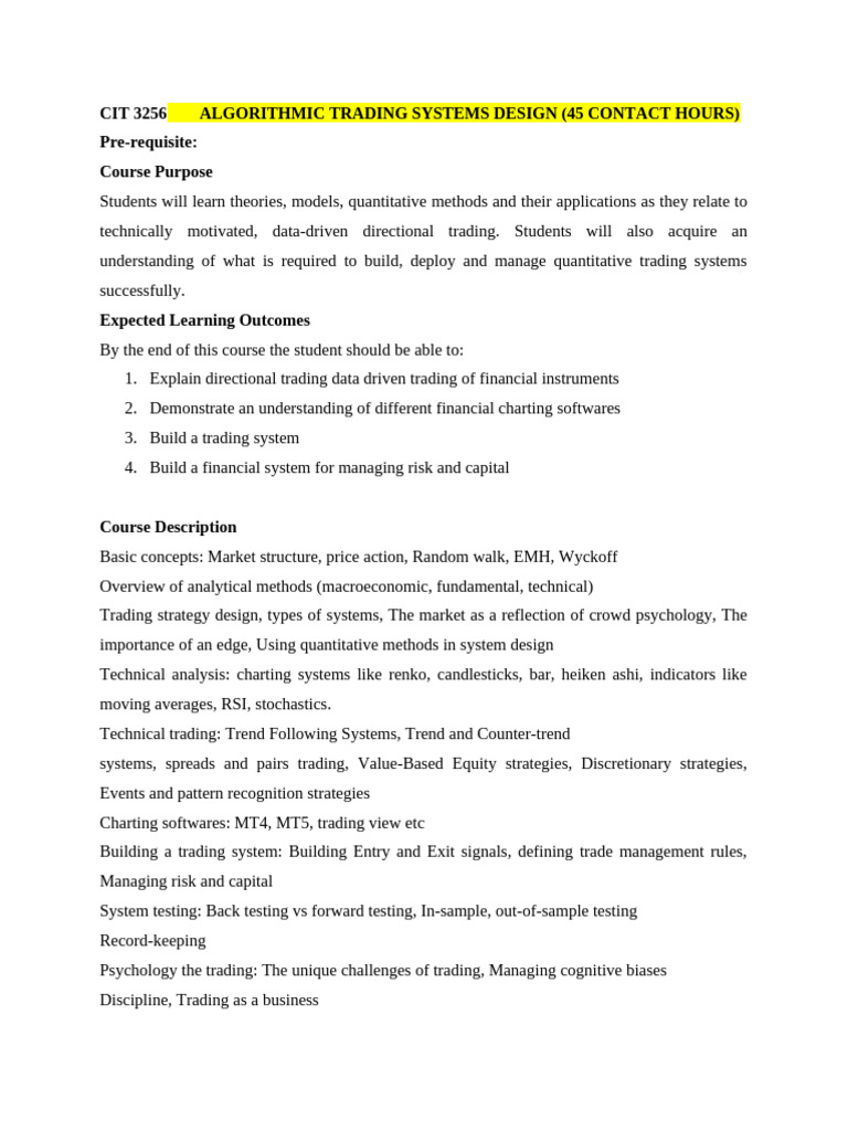 Cit 3256 Algorithmic Trading Systems Design Course Outline | PDF ...