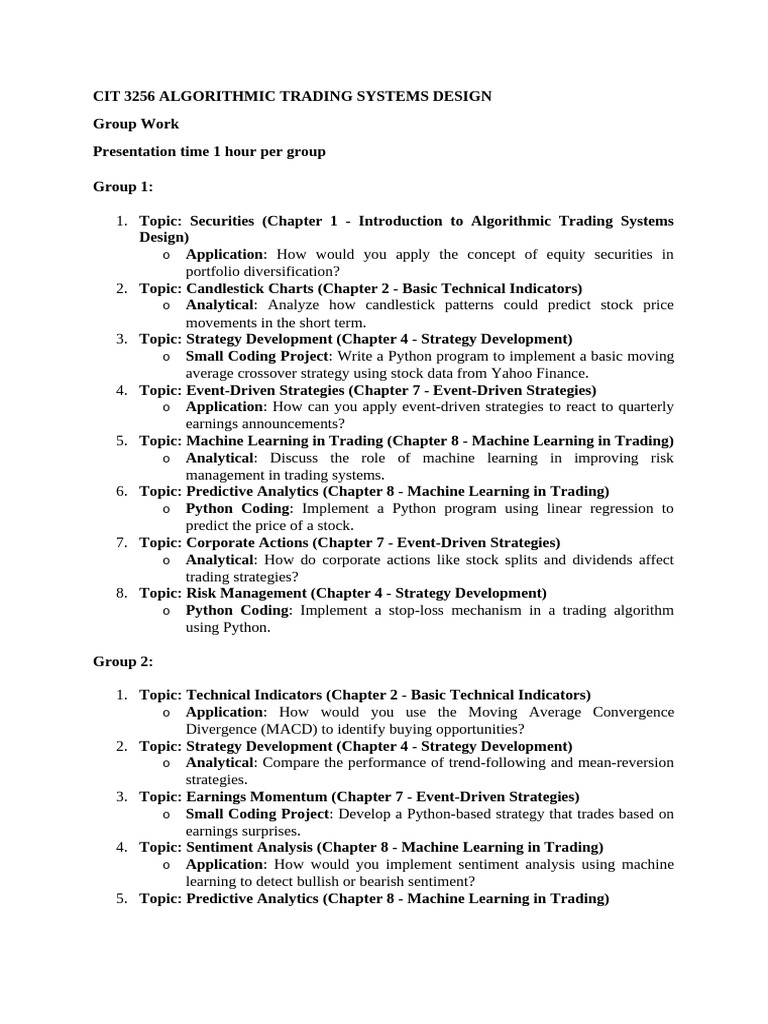 Group Work Cit 3256 Algorithmic Trading Systems Design Pdf