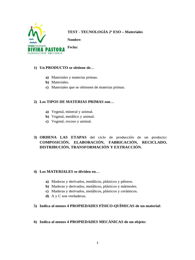 Prueba Tema 2 Materiales | PDF