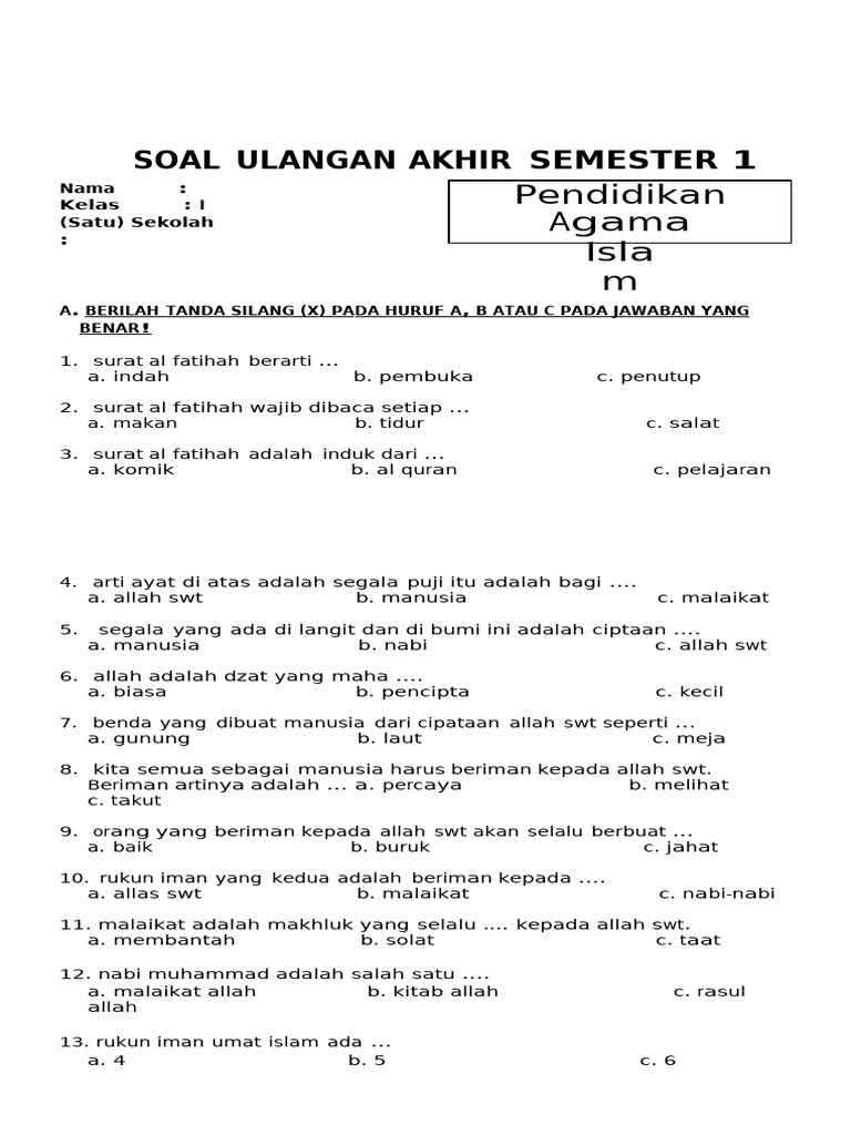 Soal UAS PAI Kelas 1 SD Semester 1 Ganjil Dan Kunci Jawaban WWW Bimbelbrilian Com | PDF