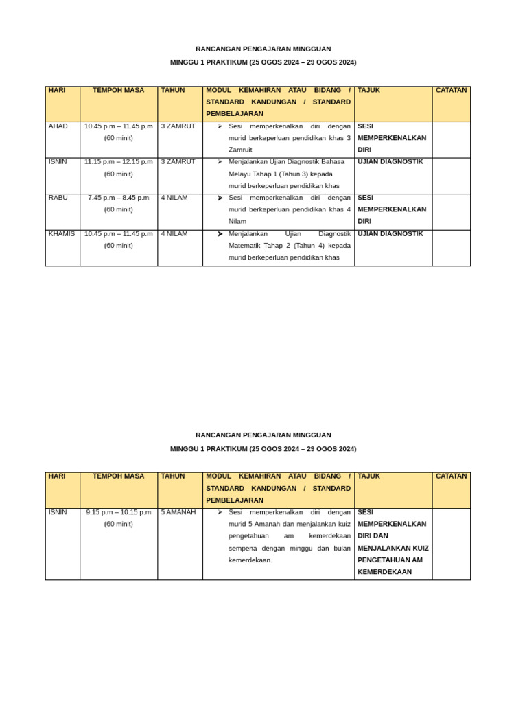 RANCANGAN PENGAJARAN MINGGUAN | PDF