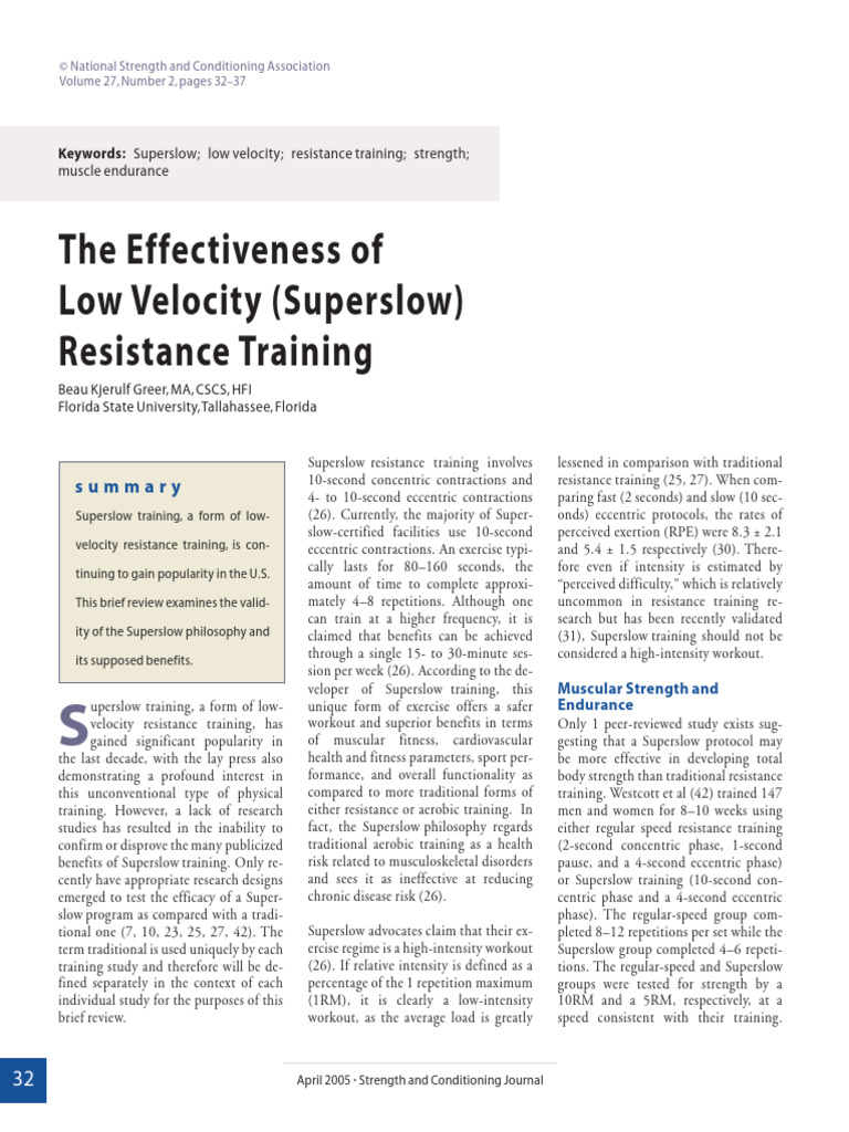 The Effectiveness of Low Velocity (Superslow) Resistance Training | PDF ...
