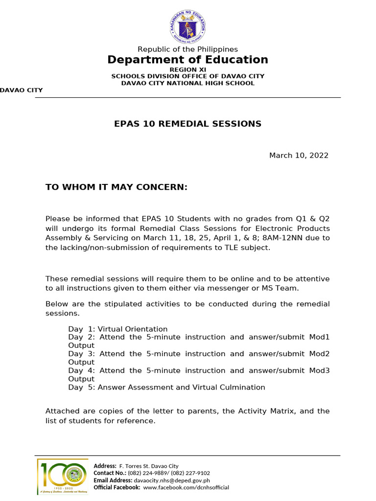 EPAS 10 Remedial Session Request Letter | PDF