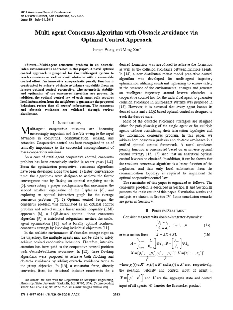 Multi Agent Consensus Algorithm With Obstacle Avoidance Via Optimal Control Approach Pdf