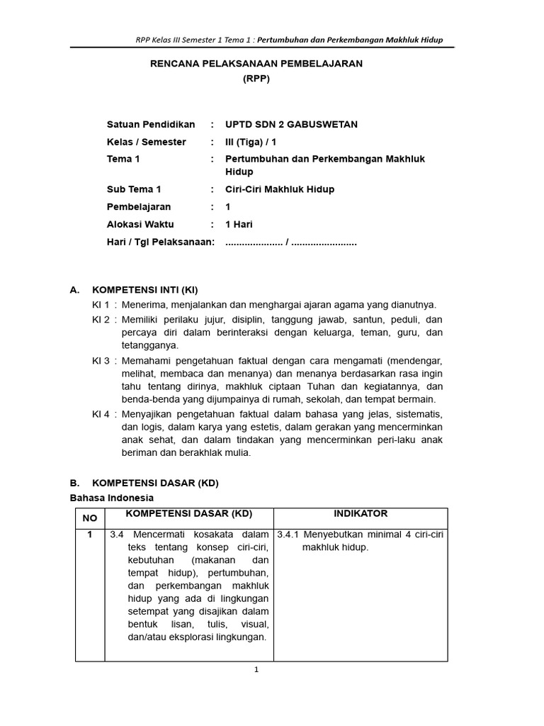 RPP K3 Tema 1 ST 1 Rev. 2018 | PDF
