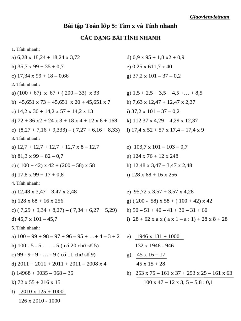 Bai Tap Tim X Va Tinh Nhanh Lop 5 | PDF