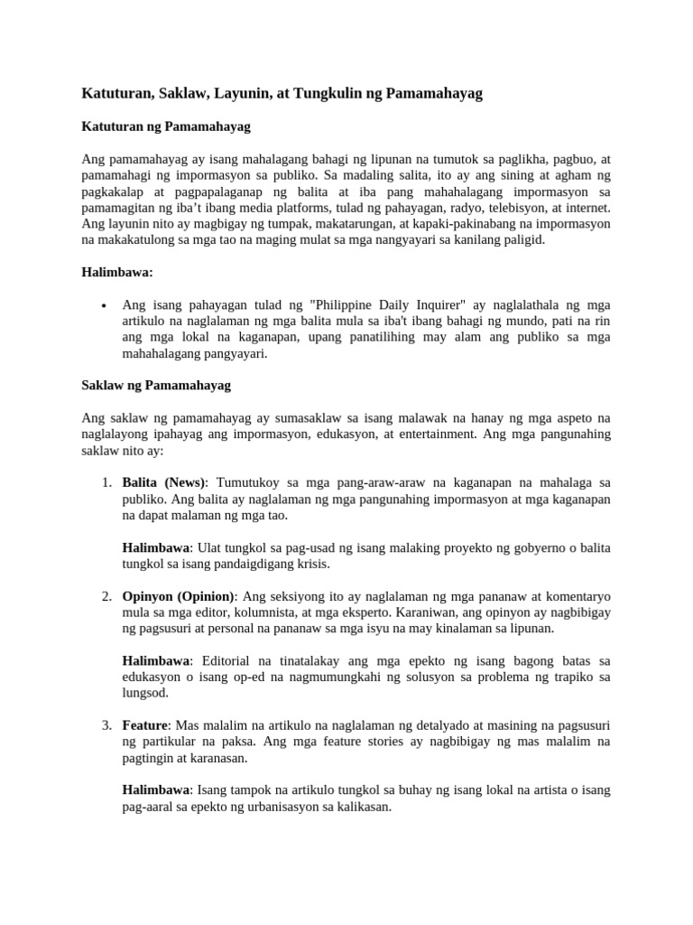 Katuturan Layunin NG Pamamahayag | PDF