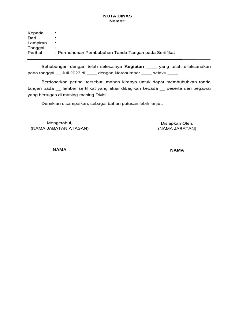 Contoh NOTA DINAS Permohonan Pembubuhan Tanda Tangan Sertifikat | PDF