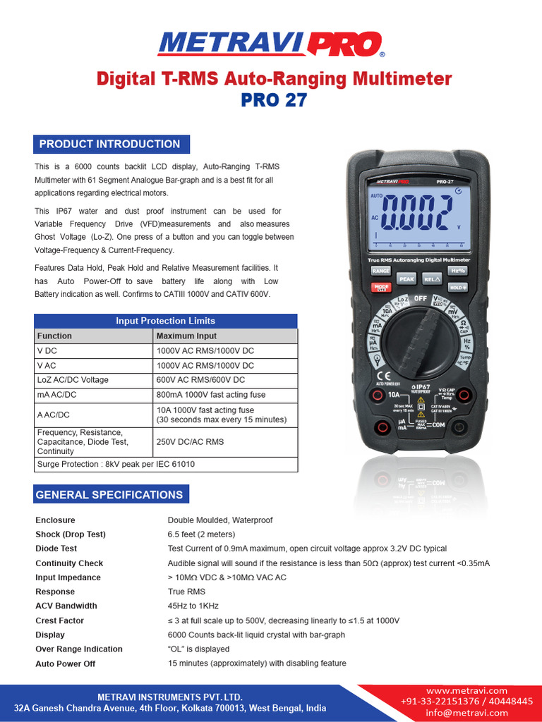 Metravi PRO 27 Digital TRMS Auto Ranging Multimeter With VFD Catalogue | PDF