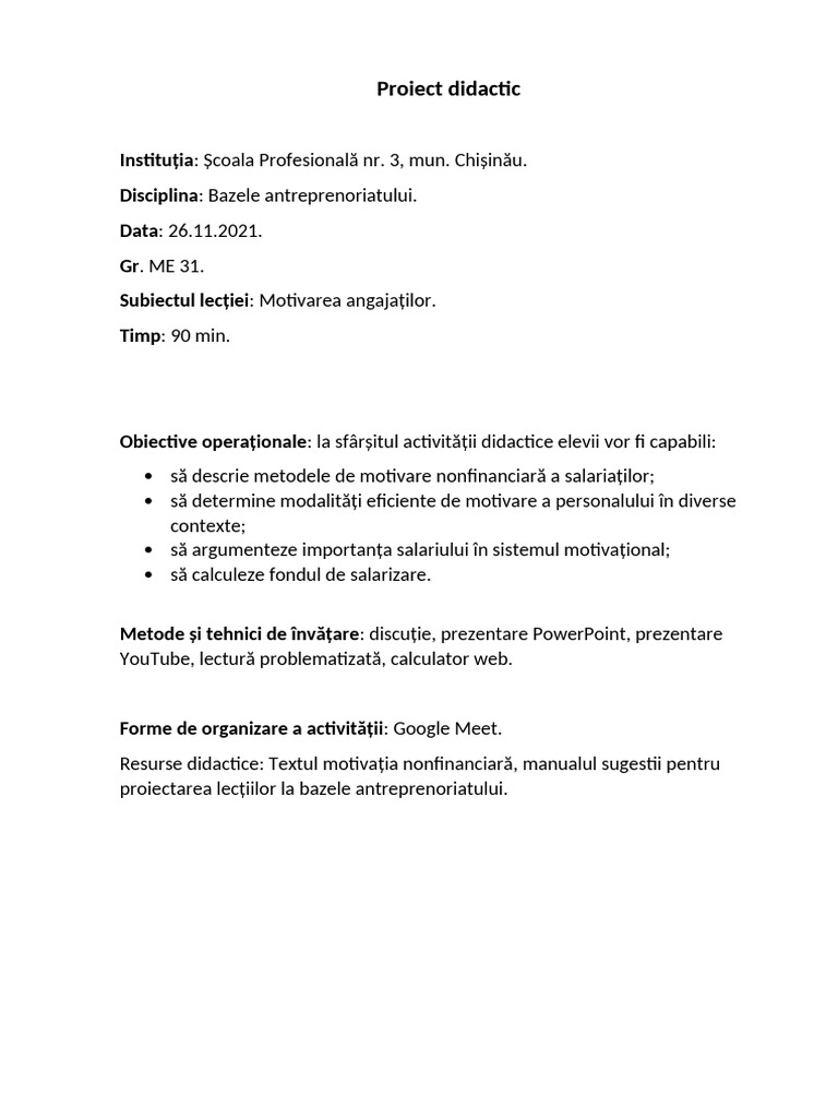 Proiect Didactic Motivarea Angajatilor | PDF