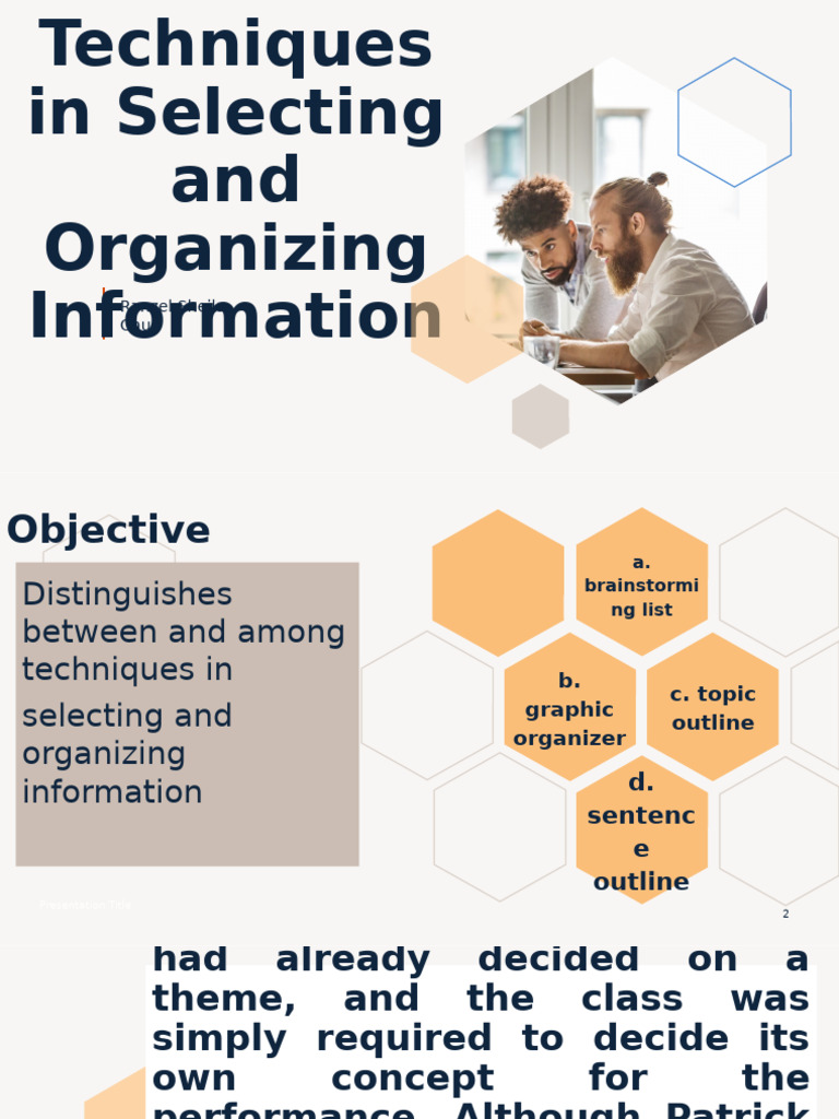 L2 Techniques in Selecting and Organizing Information | PDF | Brainstorming | Cognition