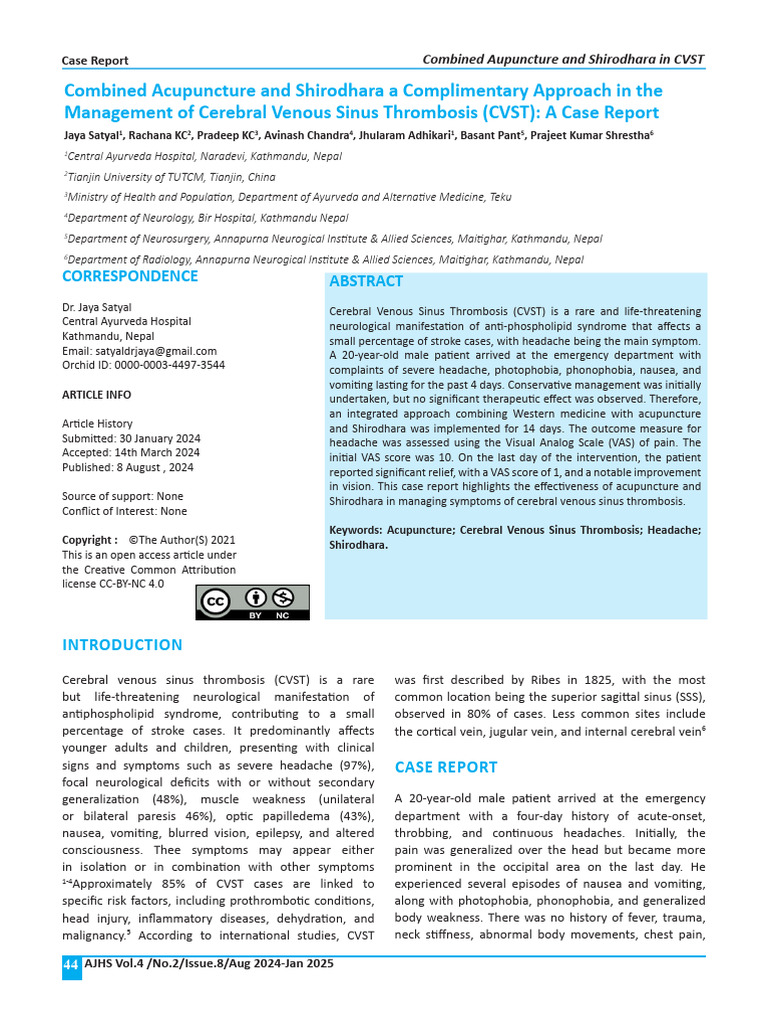 Combined Acupuncture and Shirodhara A Complimentary Approach in The Management of Cerebral ...