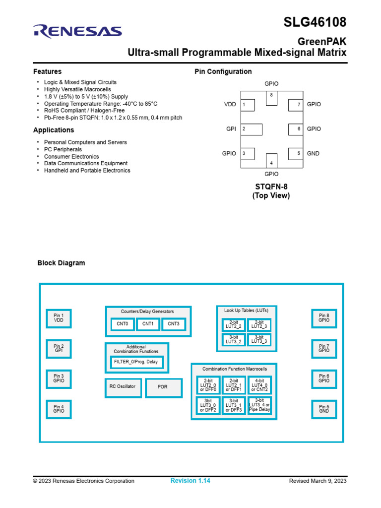 Greenpak Ultra-Small Programmable Mixed-Signal Matrix: Features Pin ...